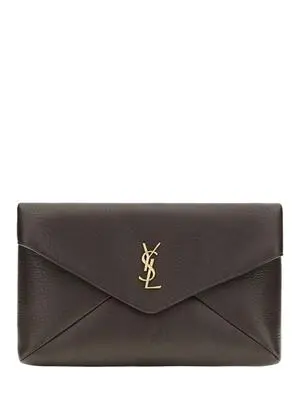 Saint Laurent Monogram Lambskin Envelope Clutch - Brown