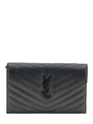 Saint Laurent Cassandre Mini Quilted Grain De Poudre Leather Wallet On Chain - Black