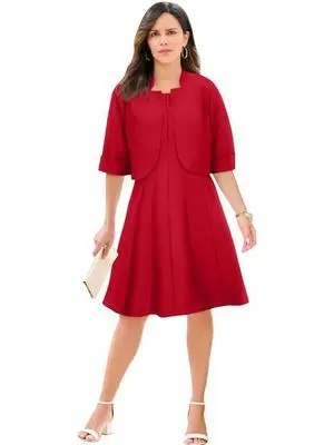 Roaman's Extended Elbow Sleeve Fit And Flare Dress With Bolero Jacket 2 Piece Suit - Classic Red