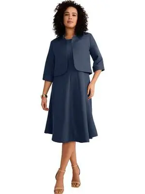Roaman's Extended Elbow Sleeve Fit And Flare Dress With Bolero Jacket 2 Piece Suit - Navy