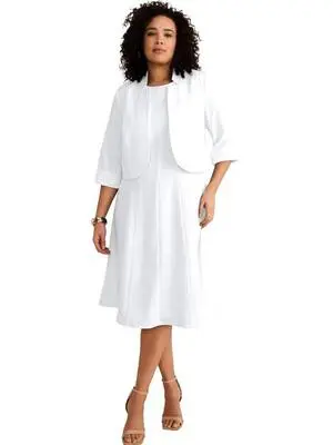 Roaman's Extended Elbow Sleeve Fit And Flare Dress With Bolero Jacket 2 Piece Suit - White