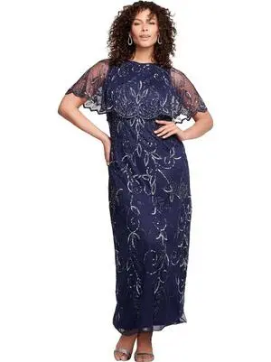 Roaman's Extended Beaded Capelet Maxi Gown Glam Evening Dress - Navy