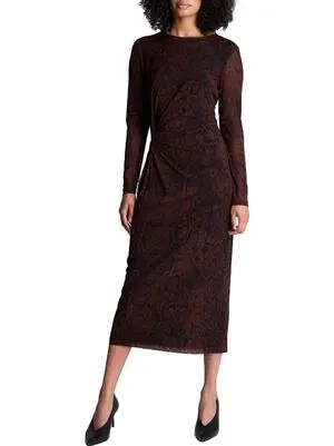 KENNETH COLE Knot Front Long Sleeve Midi Dress - Medium Bark Multi