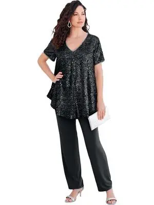 Roaman's Extended Plus Size 2 Piece S/s Sequin Top And Pant Set Black