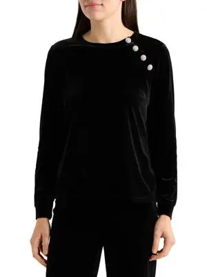 Anne Klein Embellished Button Velvet Top - Black Multi