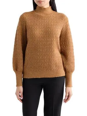 Anne Klein Sequin Puff Sleeve Mock Neck Sweater - Vicuna