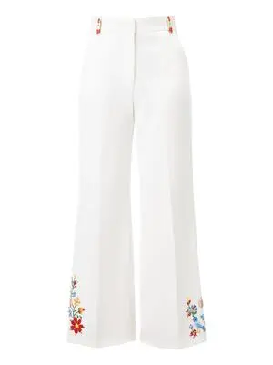 RONDOOZ Hand Painted Crepe Trousers With Antique French Gobelin Tapestry & Hand Applied Embellishment - White
