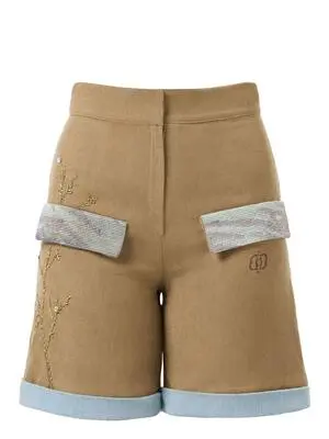RONDOOZ Hand Painted Denim And Corduroy Shorts With Antique French Gobelin Tapestry & Hand Applied Embellishment - Brown
