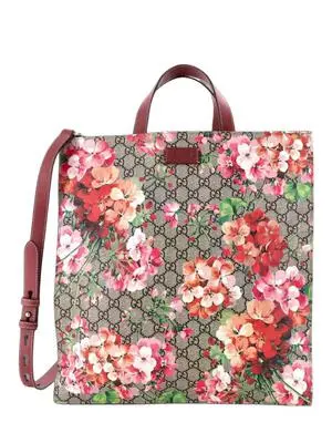 Gucci Convertible Soft Open Blooms Print Gg Coated Canvas Tall Tote Bag - Brown