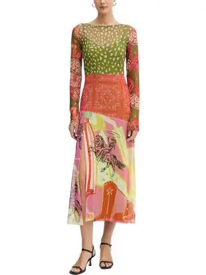 NEVER FULLY DRESSED Mixed-print Side-slit Midi Dress - Orange