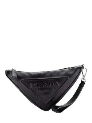 Prada Triangle Logo Wristlet Pouch Embossed Leather Clutch Bag - Black
