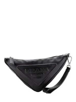 PRADA Triangle Logo Wristlet Pouch Embossed Leather Clutch Bag