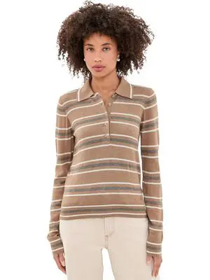 Varley Mayra Stripe Knit Polo Top - Camel