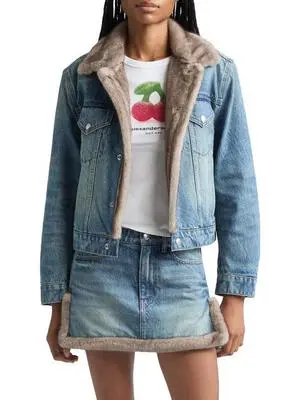 Alexander Wang Faux Fur Trim Denim Jacket - Tinted Medium Indigo