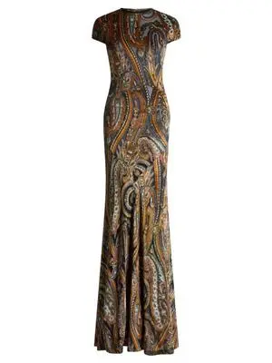 Etro Long Dress In Jersey With Paisley Motif Brown