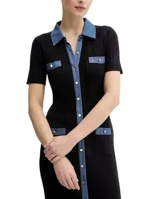 MORGAN Denim-panel Button Midi Dress - Black