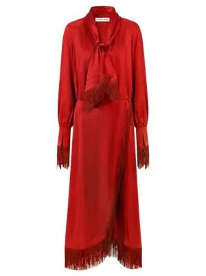 ROWEN ROSE Fringed Scarf-detail Midi Dress - Red