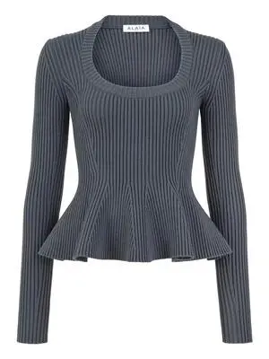 Alaïa Ribbed Peplum Top Blue