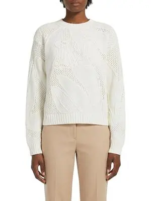 Max Mara Openwork Cotton Crew-neck Jumper With Embroidered Monogram - White