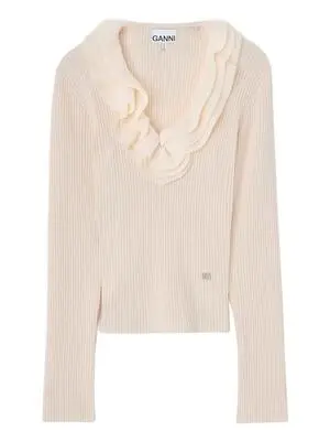 GANNI Ribbed Merino Wool Frill Top - Egret