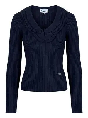 GANNI Ganni Ribbed Merino Wool Frill Top Phantom