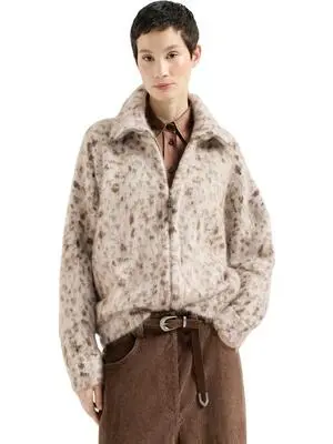 Brunello Cucinelli Lynx Jacquard Cardigan In Mohair And Wool With Shiny Zipper Pull - Buff