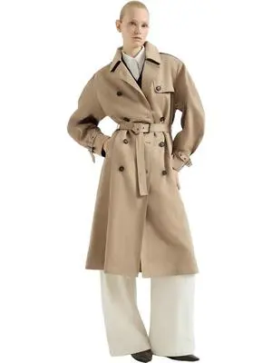 Brunello Cucinelli Cotton And Linen Twill Trench With Monili - Camel