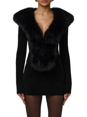 Naked Wardrobe Faux Fur Collar Cardigan - Black