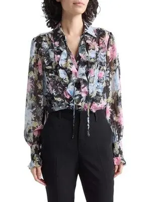 Cinq À Sept Phebe Ikat Dahlia Ruffled Top - Black Multi