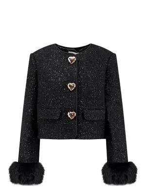 SELF-PORTRAIT Cropped Wool Blend Blazer With Allover Laminated Details - Black