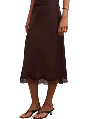 EVER NEW Enola Lace-trim Satin-finish Midi Skirt - Brown