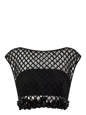 GEMY MAALOUF Embellished Mesh-overlay Top - Black