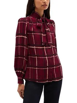 HOBBS LONDON Aisha Plaid Tie Neck Blouse - Plum Multi