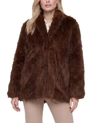 LYLA GRANT Faux Fur Fox Jacket, Tuxedo Collar - Brown Multi