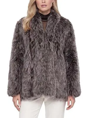 LYLA GRANT Faux Fur Fox Jacket, Tuxedo Collar - Granite Multi