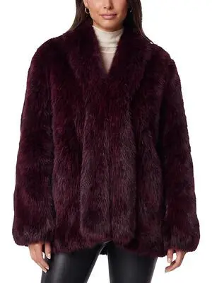 LYLA GRANT Faux Fur Fox Jacket, Tuxedo Collar - Wine Multi