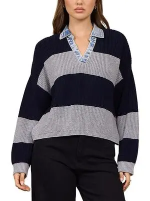 Vintage Havana Denim Collar Striped Sweater - Grey