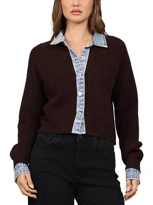 Vintage Havana Denim Trim Layered Look Cardigan - Chocolate