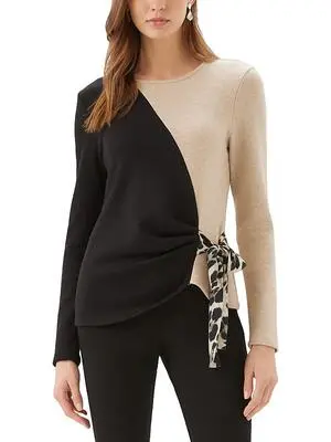 Karen Kane Petite Colorblock Long Sleeve Satin Bow Top - Black/light Tan