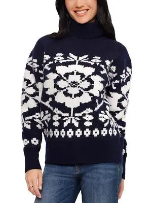 Karen Kane Petite Jacquard Turtleneck Sweater - Cream With Navy