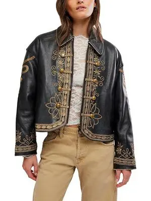 Free People Lana Leather Embroidered Jacket - Black