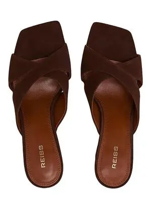 REISS Rochelle Suede Crossover Mules - Chocolate
