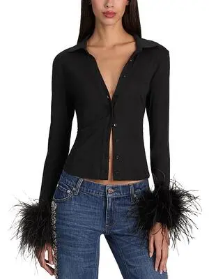 Alice + Olivia Freya Fitted Feather Cuff Shirt - Black