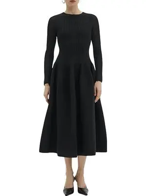 MALINA Elona Voluminous Knitted Midi Dress - Black