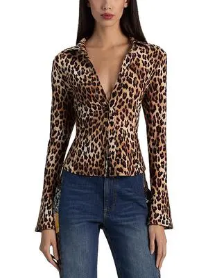 Alice + Olivia Freya Fitted Nipped Waist Button Down Top - Spotted Leopard