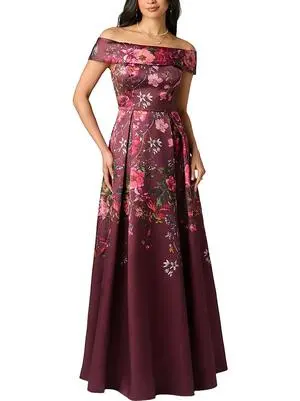 Adrianna Papell Off-the-shoulder Short Sleeve Gown - Burgundy Multi
