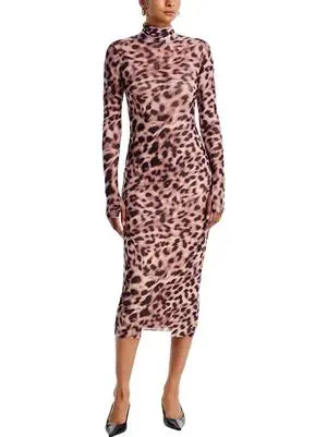 AFRM Shailene Printed Mesh Midi Dress Dress - Warmth Leopard