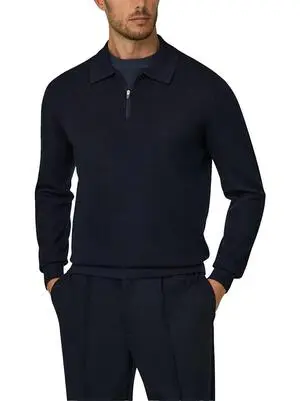 Boggi Milano Quarter-zip Wool Blend Wooltech Knitted Polo Shirt - Navy Blue