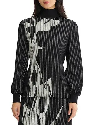 Ming Wang Mock Neck Floral Soft Ribbed Knit Top - Black/ivory