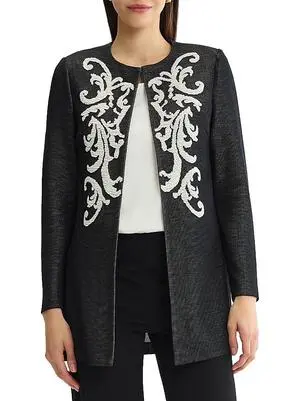 Ming Wang Filigree Jacquard Knit Jacket - Black/ivory